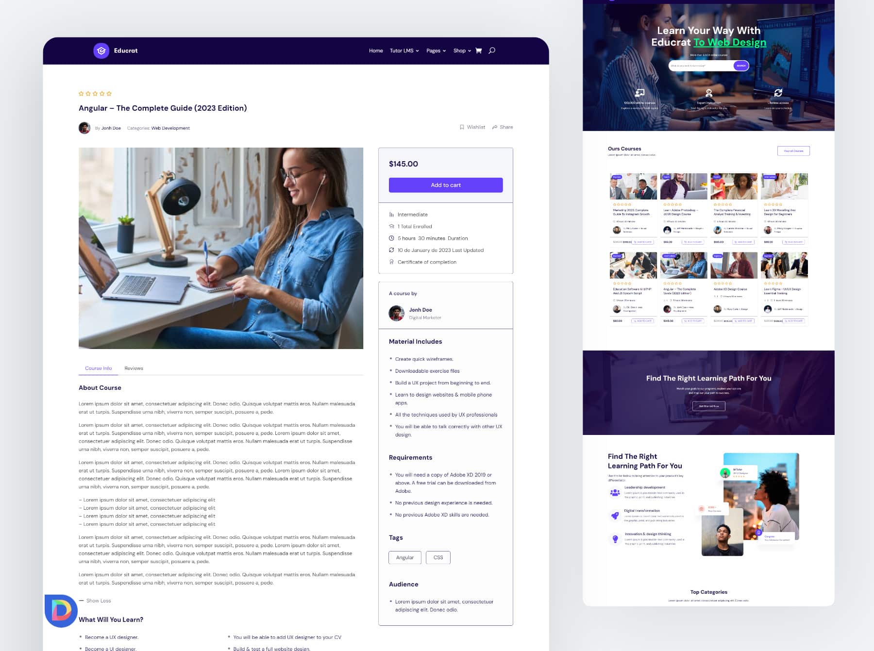 Educrat Tutor LMS eLearning Divi Template - UXDivi Templates